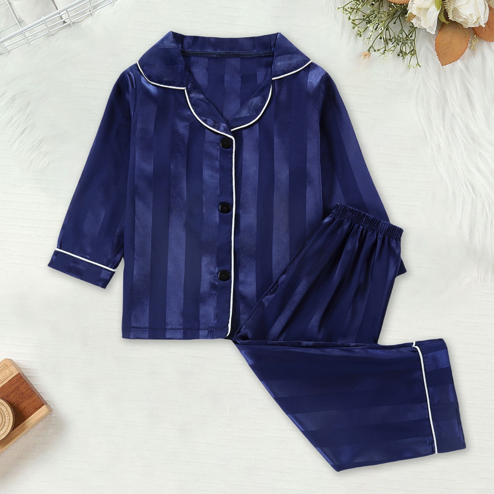 Children Girls Silk Pajamas Set Striped Summer Button Down Pajamas Long ...