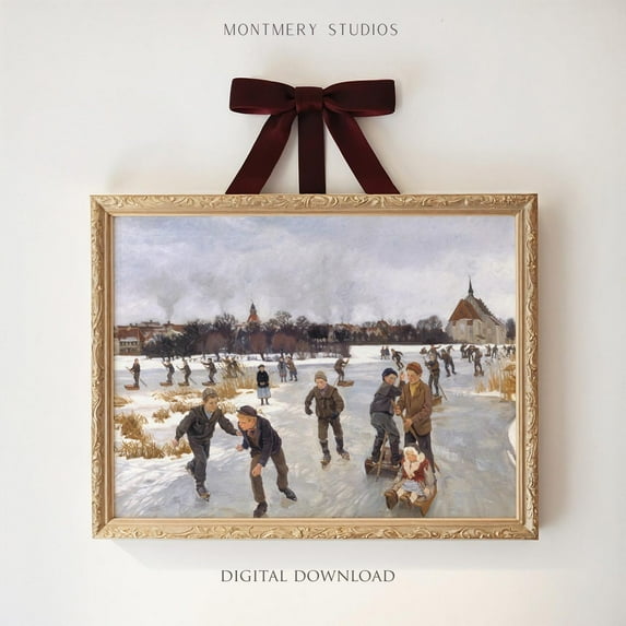 Children Ice Skating Wall Art Poster, Cozy Village Poster, Ice Skating ...
