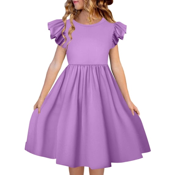 Children Kids Girls Fly Crew Neck Summer Dress with Ruffle Sleeve ...