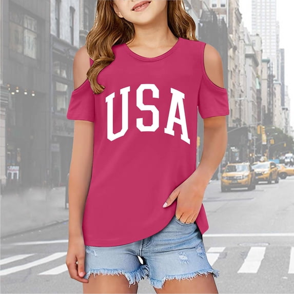 Children Kids Girls Short Sleeve Cold Shoulder T Shirts Kids Summer ...