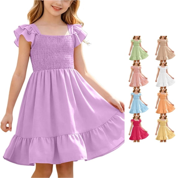 Children Kids Girls Summer Dress Flying Sleeve Square Neck Solid Color ...
