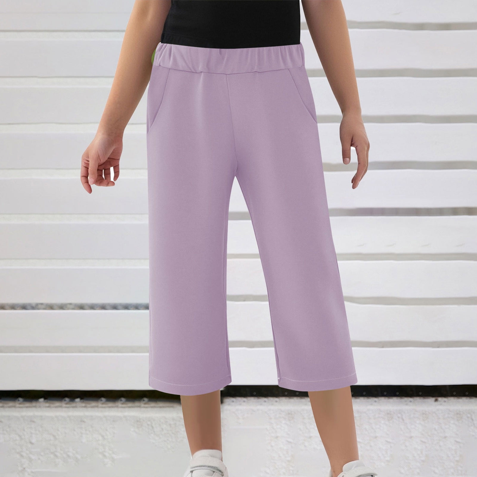 Children Kids Solid Color Capris Stretchy Casual Pull on Cropped Sports ...