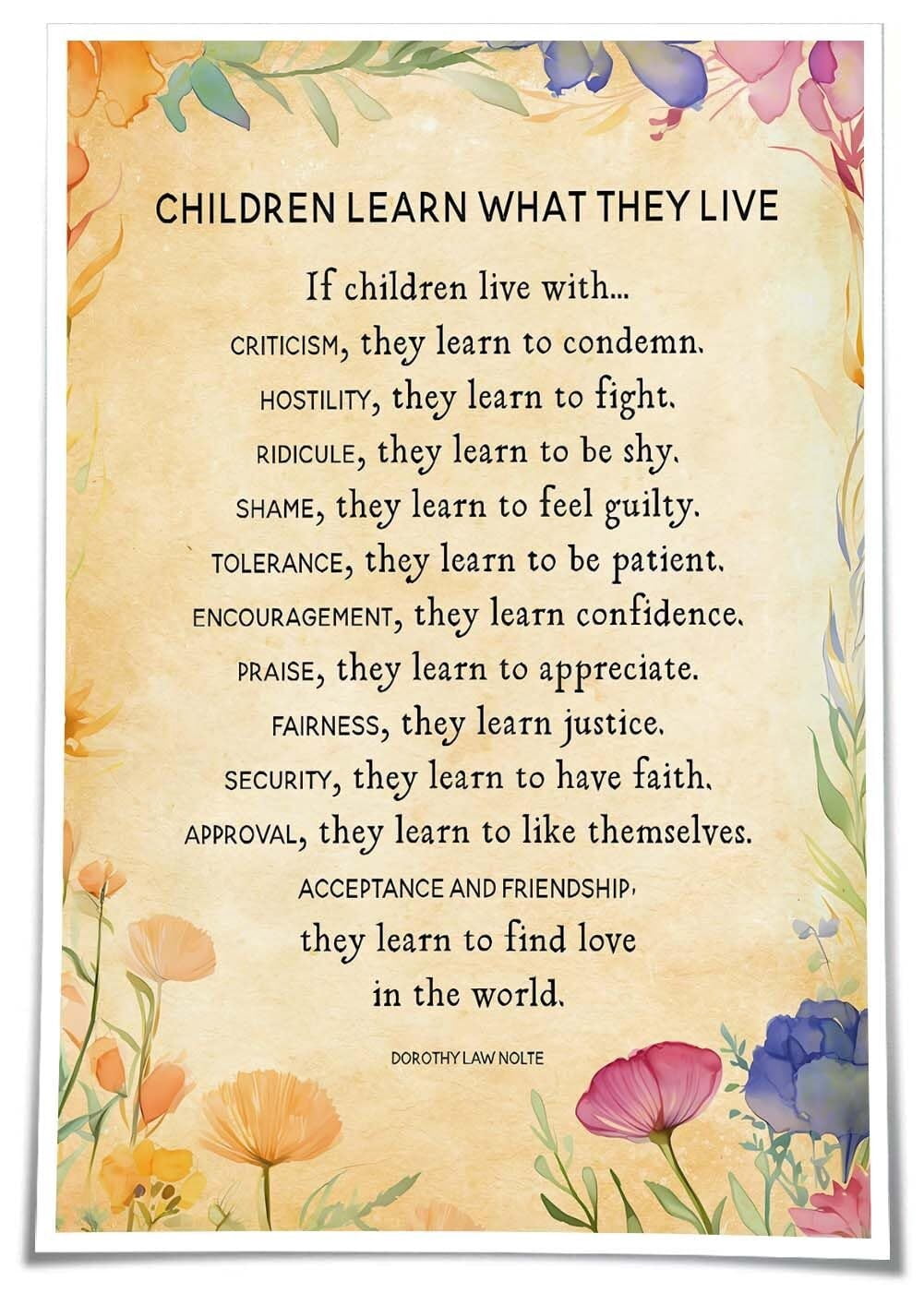 Children Learn What They Live Poem Wall Art Poetry Wall Art Decoration ...