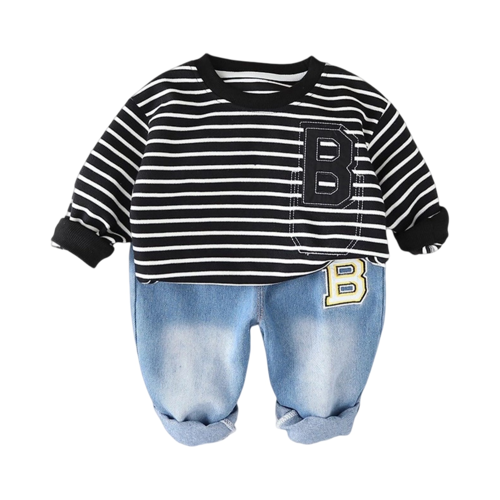 Children Outfit Set Long Sleeve Striped Top with Letter Patch and Denim ...