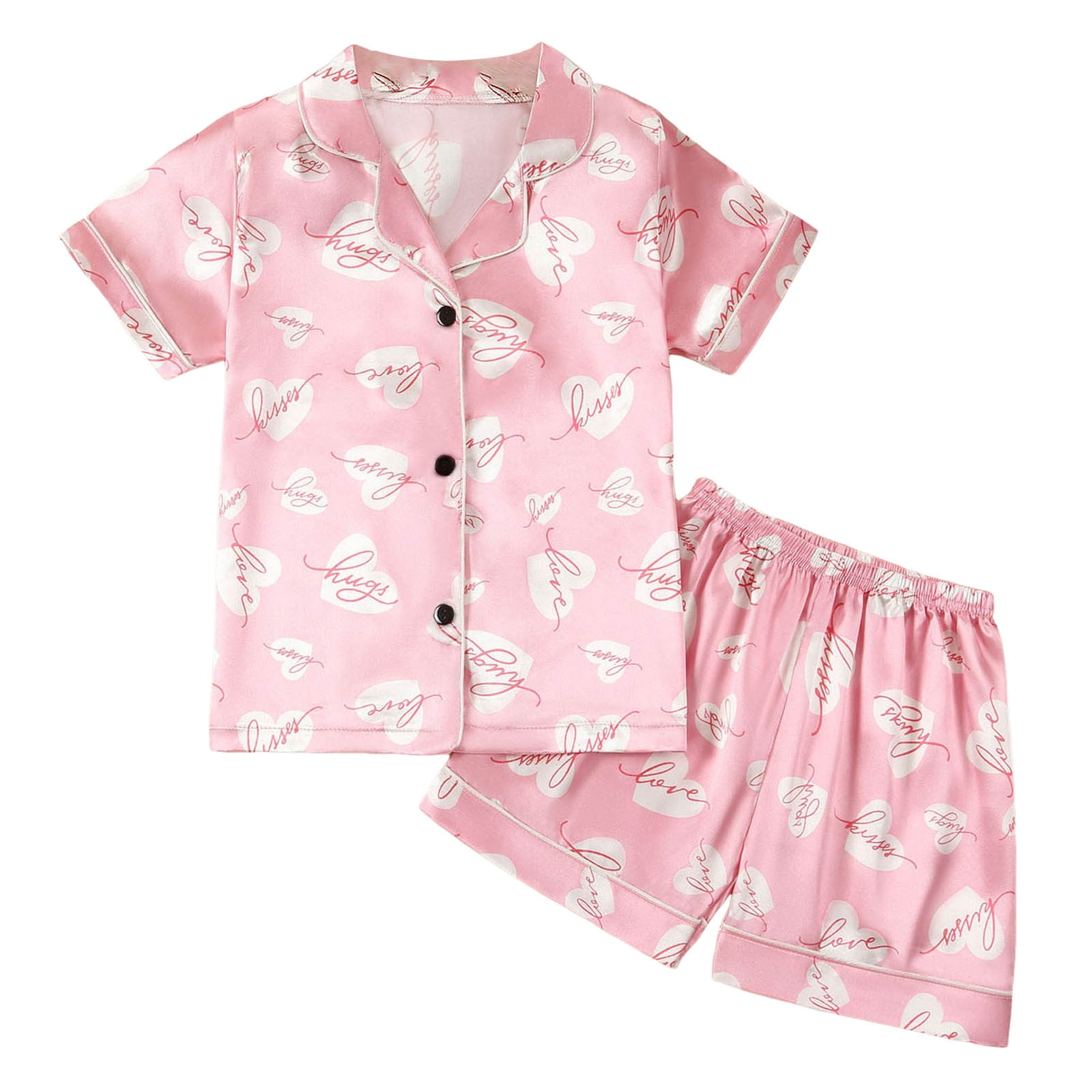 Children Satin Pajamas Kids Girls Boys Love Printed Summer Button Down ...