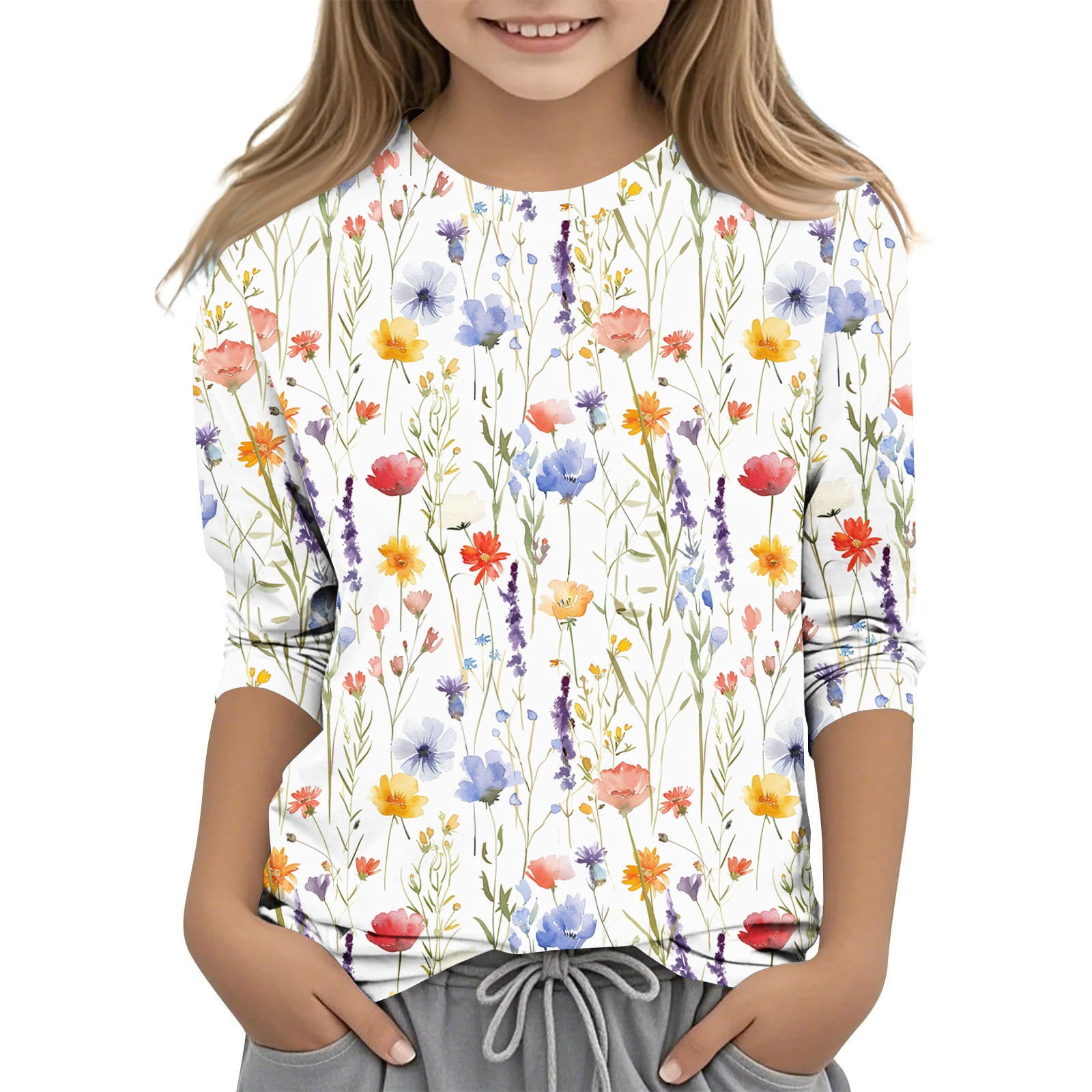 Children Shirts for Girls 3/4 Length Sleeve Shirts Floral Print Tunic ...