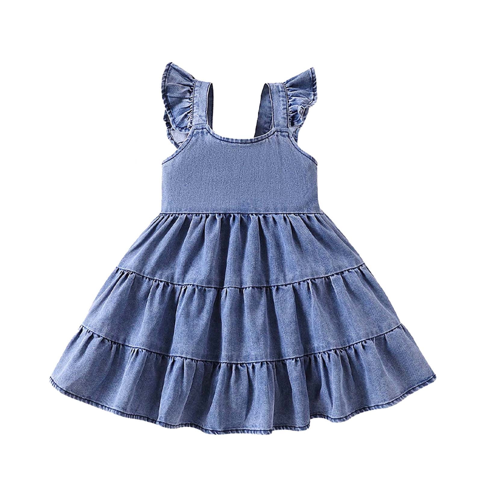 Children Sundresses for Kids 2025 Denim Strap Flying Sleeve Square Neck ...
