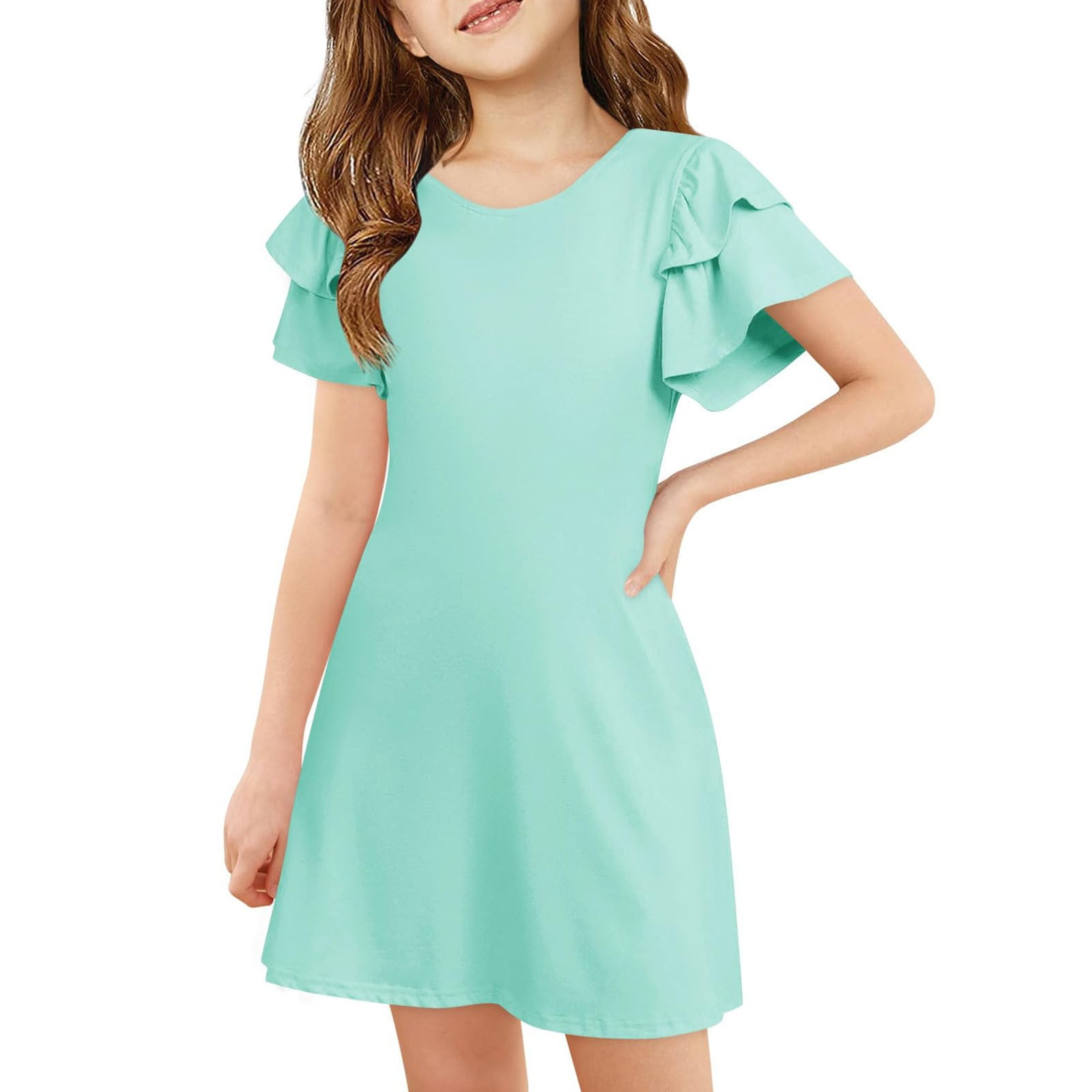 Children Sundresses for Kids 2025 Fashion Solid Color Round Neck Short ...