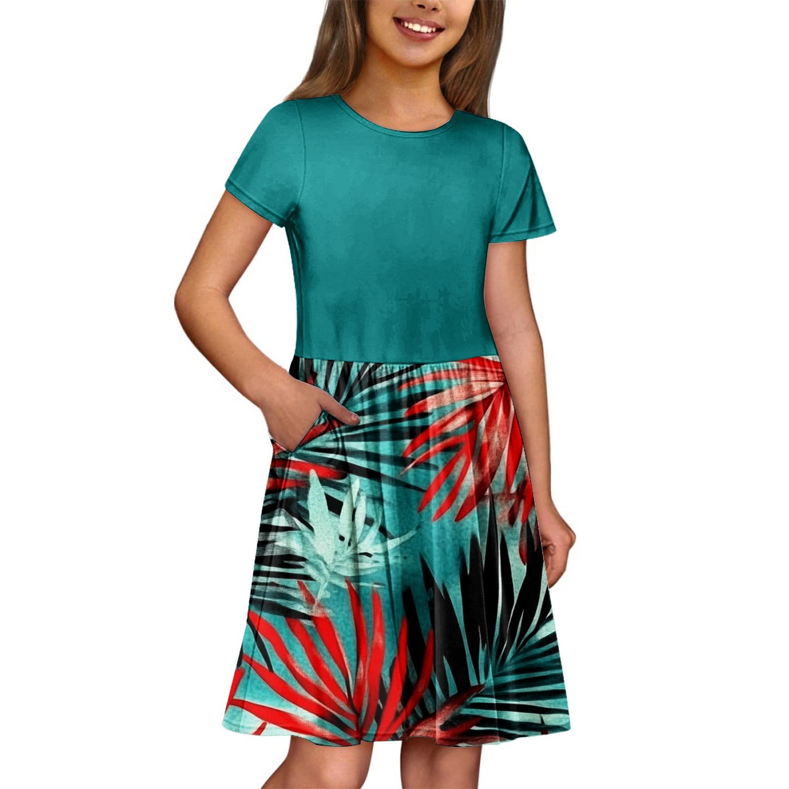 Children Sundresses for Kids Cute Floral Print Round Neck Short Sleeve ...