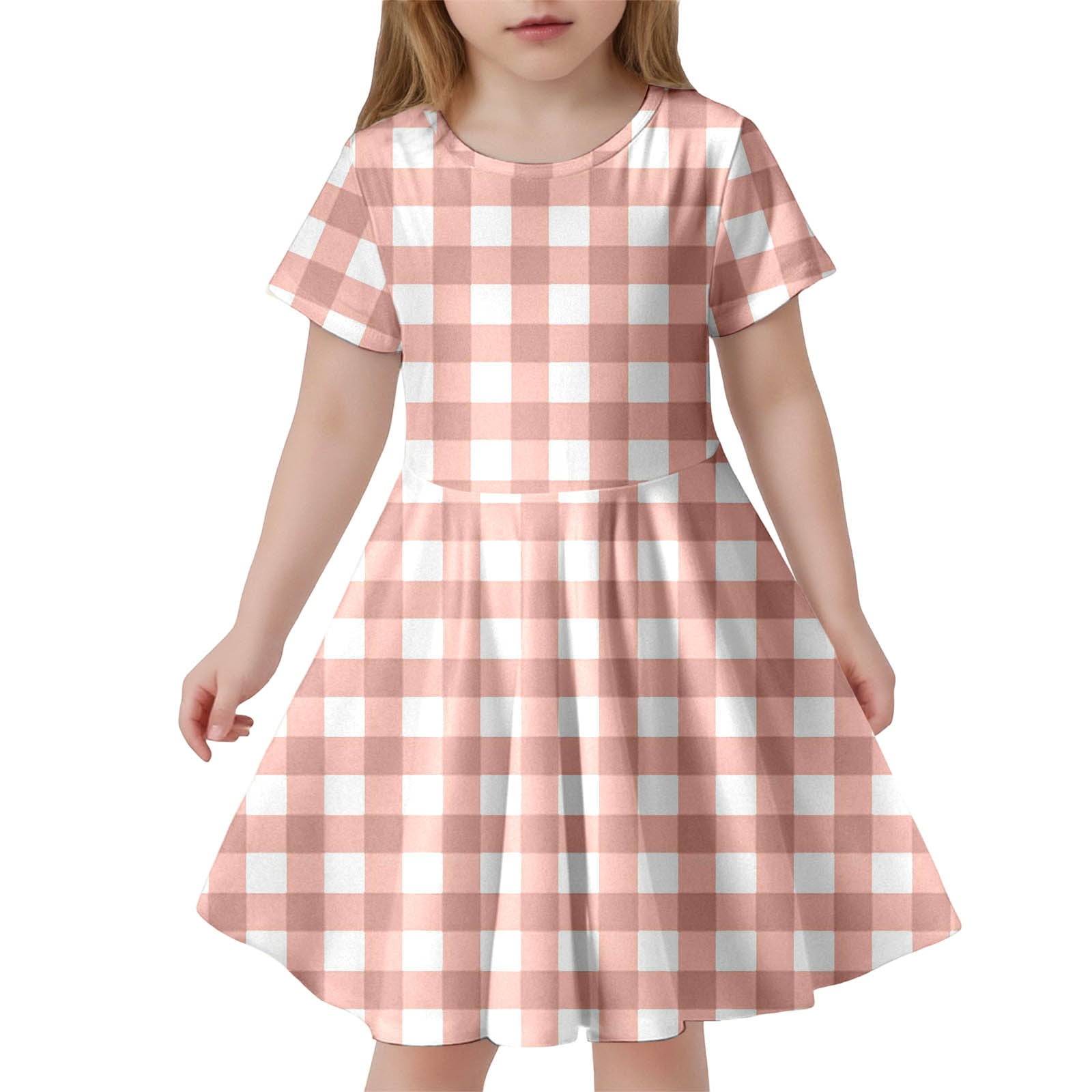 Children Sundresses for Kids Fashion Plaid Printed Short Sleeved Round ...
