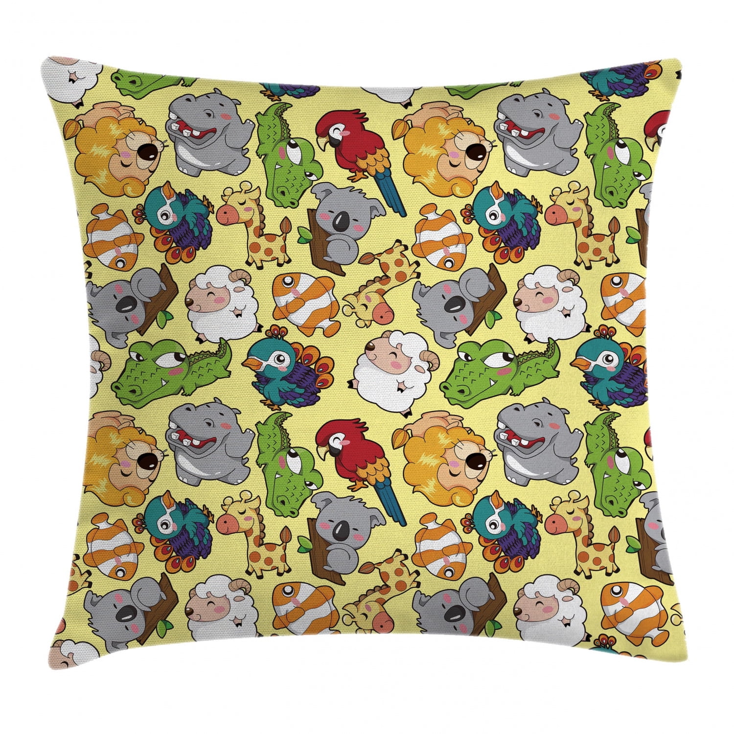Children Throw Pillow Cushion Cover, Funny Animals Hippo Giraffe Koala ...