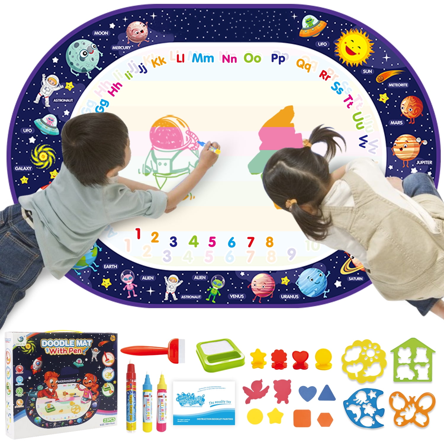 Kids Art Doodle Set, Water Coloring Mat with Magic Pens, Educational ...