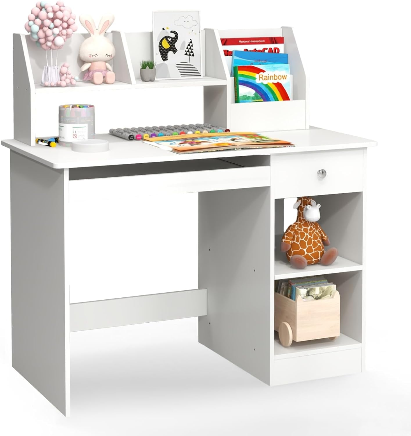 Children Wooden Computer Desk with Hutch, Bookshelf, Keyboard Tray ...