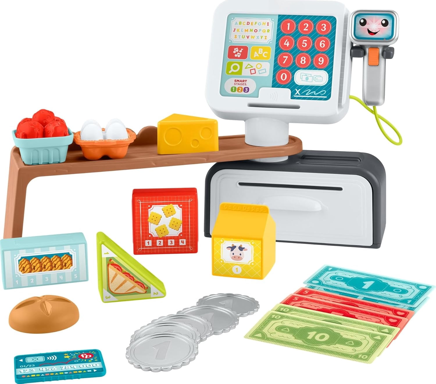 Children learning toys, laughing, counting, shopping, cash register ...