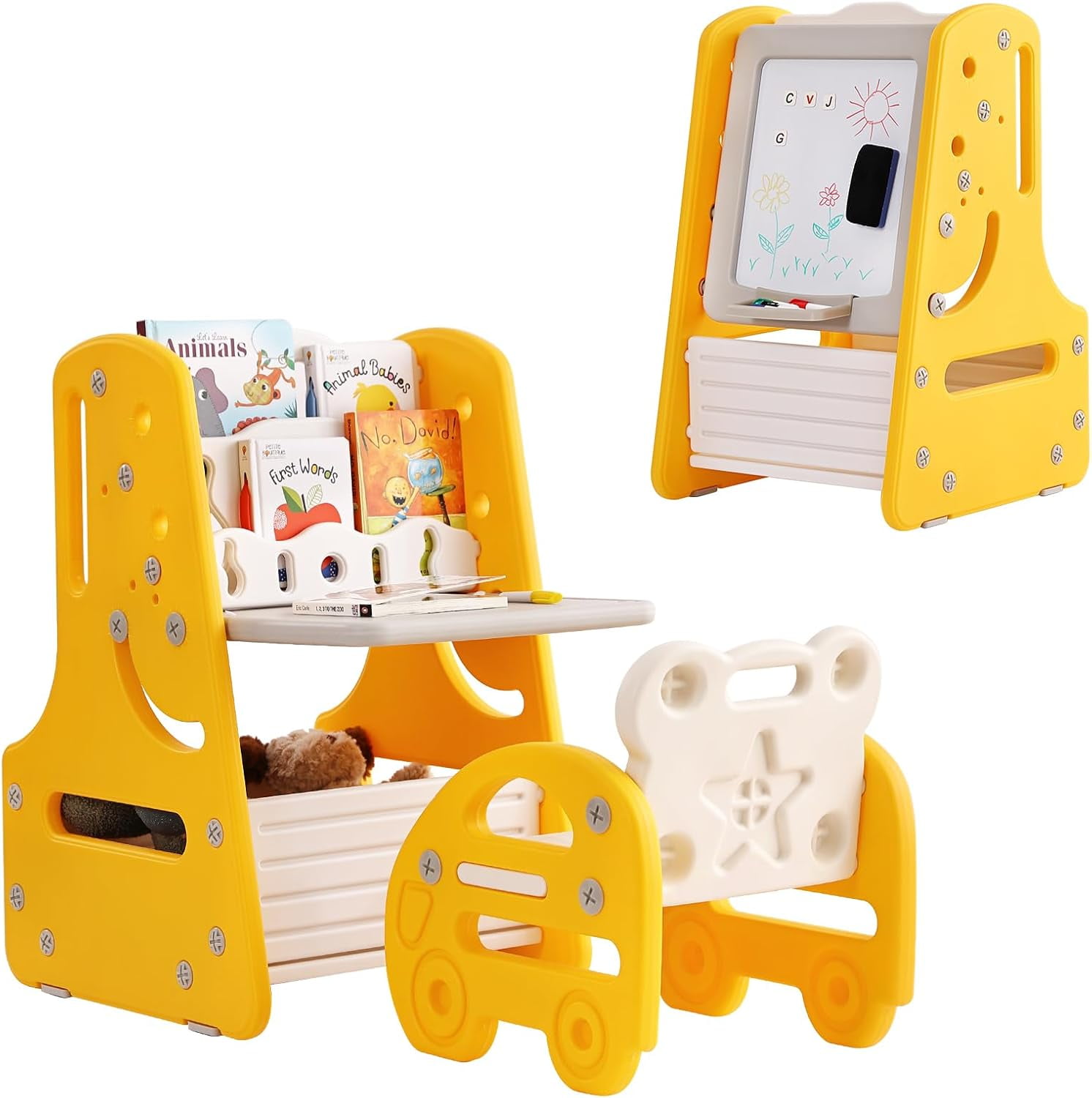 Children's Art Easel with Stool, 3 in 1 Double-Sided Magnetic Dry Erase ...