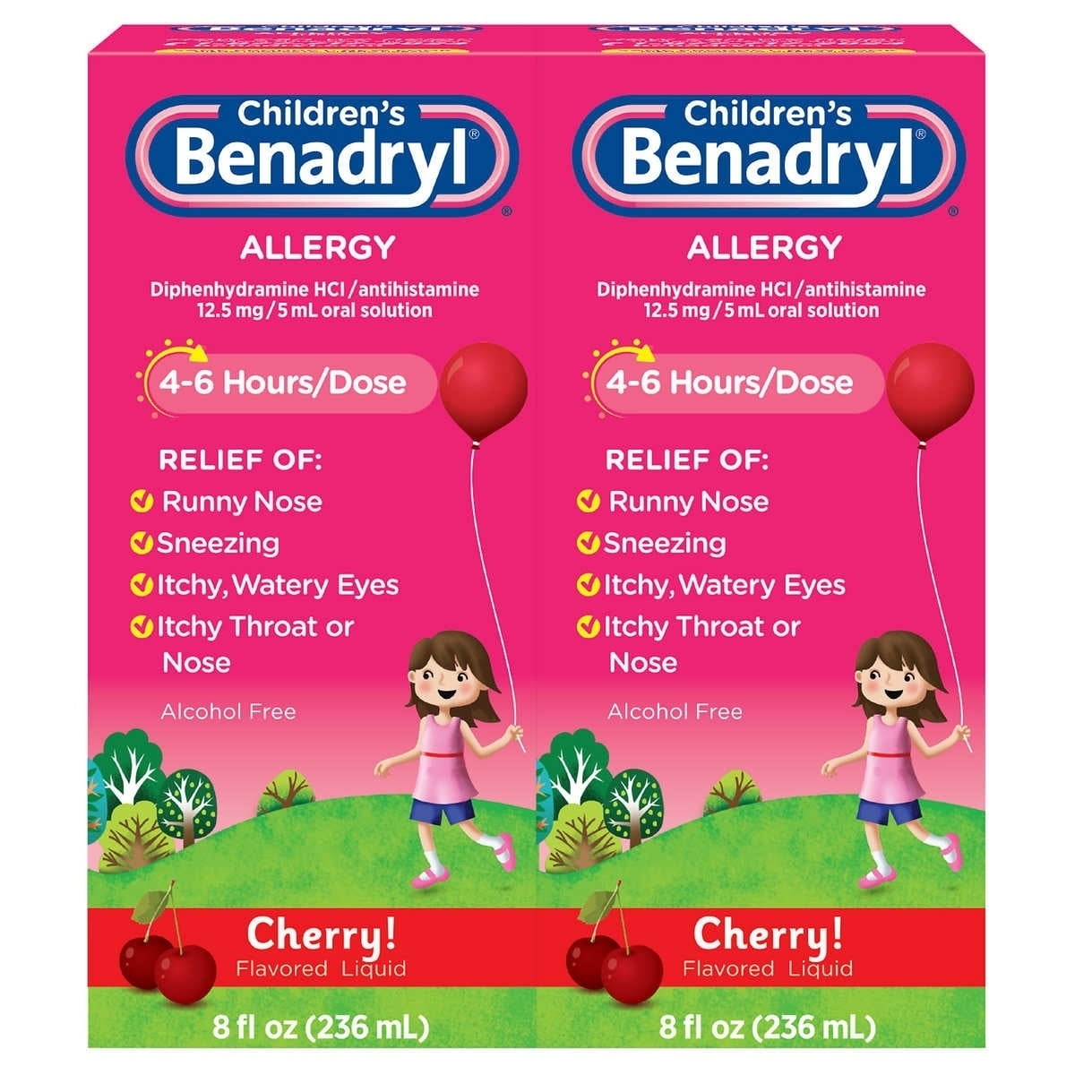 Children's Benadryl Allergy Liquid, Cherry, 8 Fluid Ounces (2 Count ...