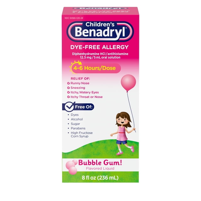 Children's Benadryl Dye-Free Allergy Liquid, Bubble Gum, 8 fl. oz ...