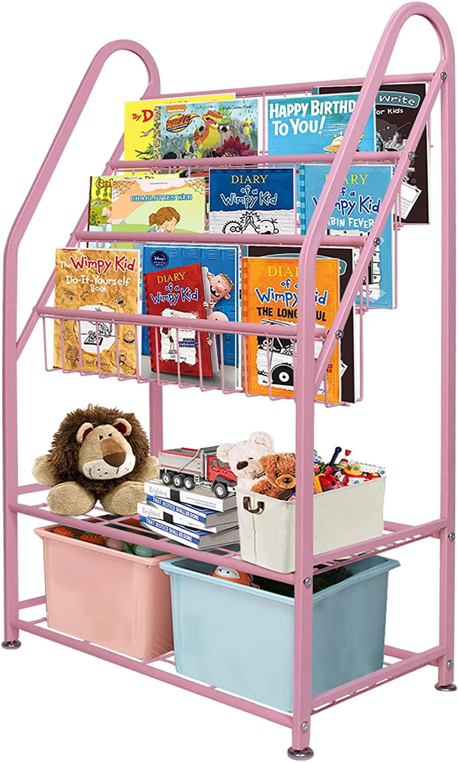 Children's Bookshelf Freestanding Corner Metal Bookcase 5-Tiers Pink 25 ...