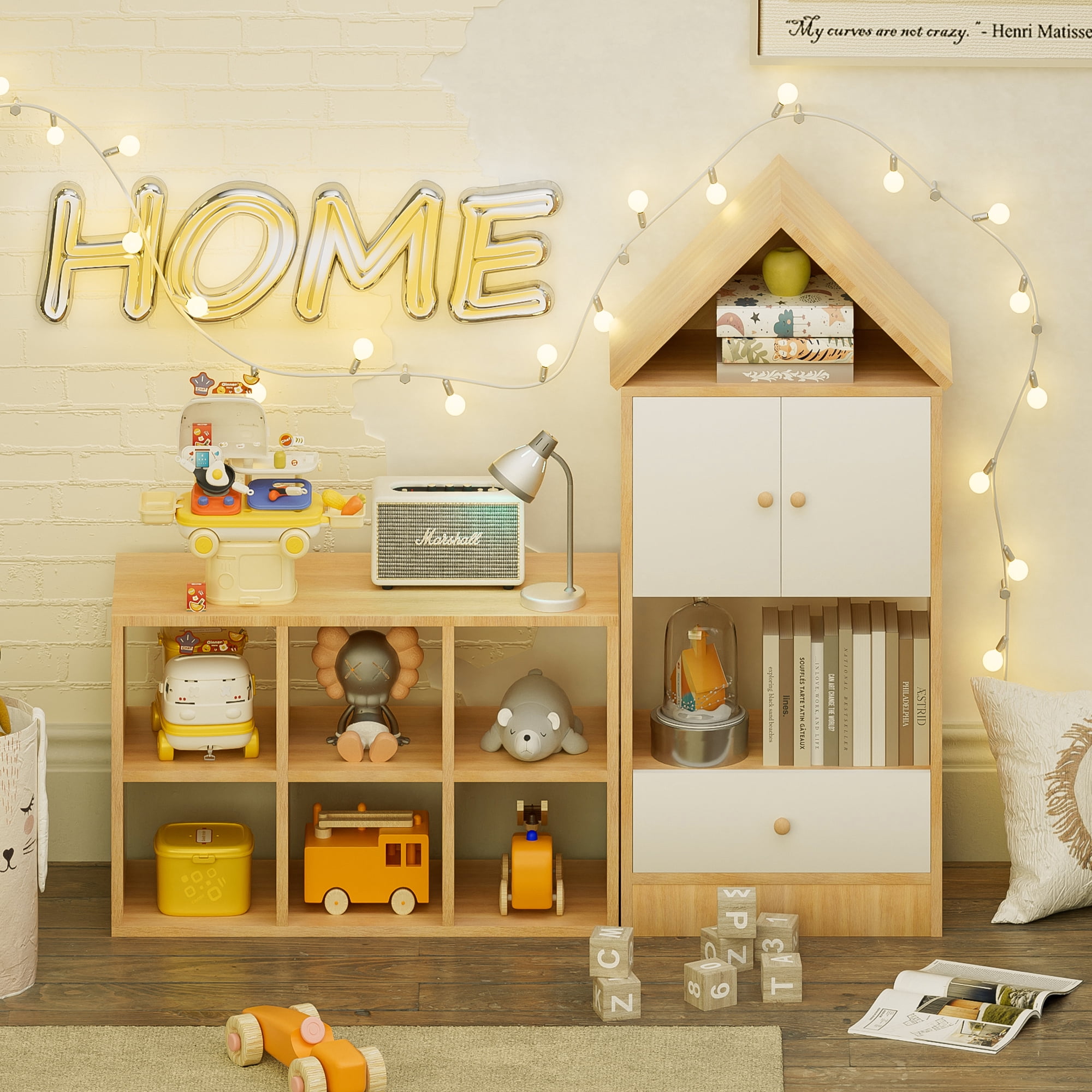 Children's Bookshelf with House-Shaped Design, Multi-Functional Storage ...