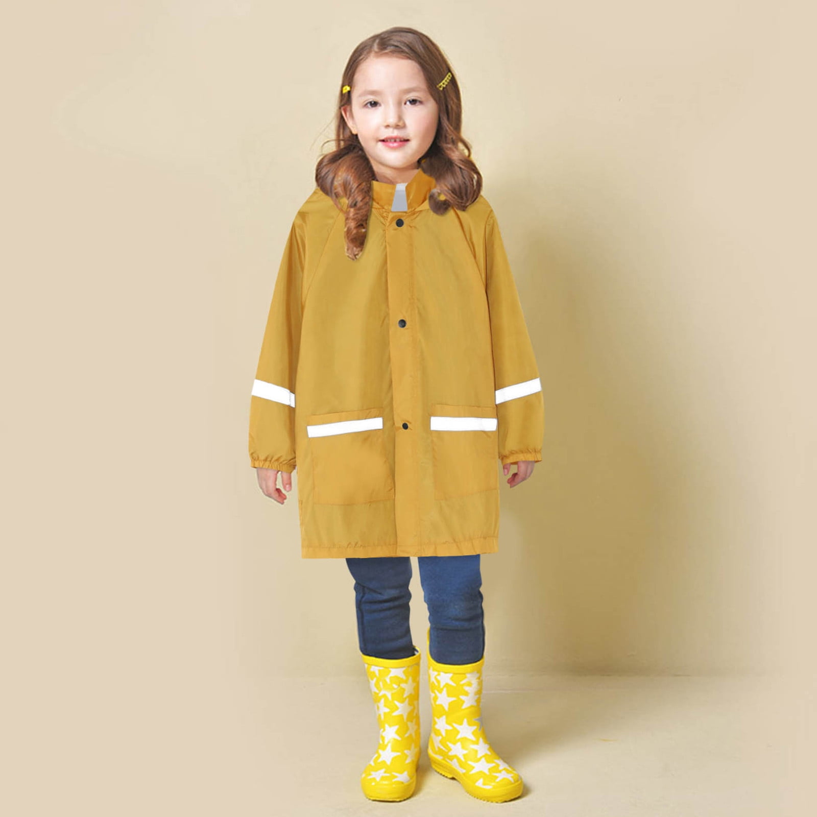 Children's Boys Girls Button Rain Jacket Hooded Windproof Raincoat Kids ...