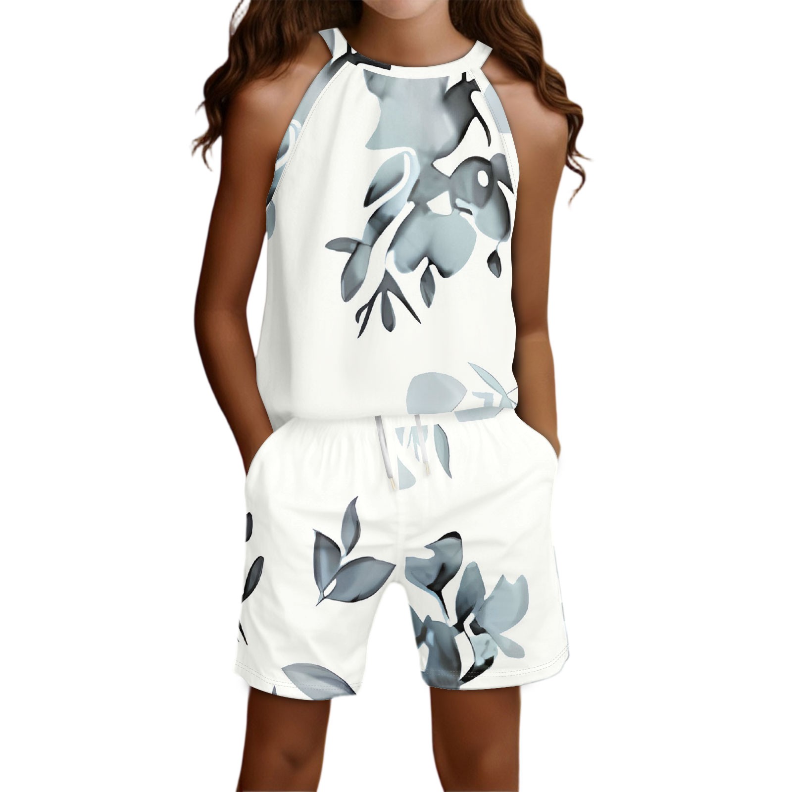 Children's Casual Fashion Two-Piece Set - Round Neck Floral Sleeveless ...