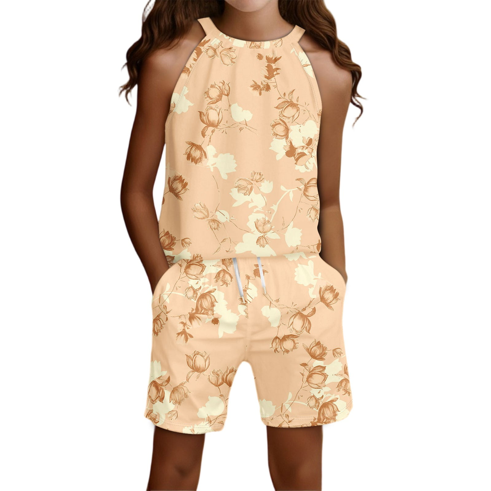 Children's Casual Fashion Two-Piece Set - Round Neck Floral Sleeveless ...