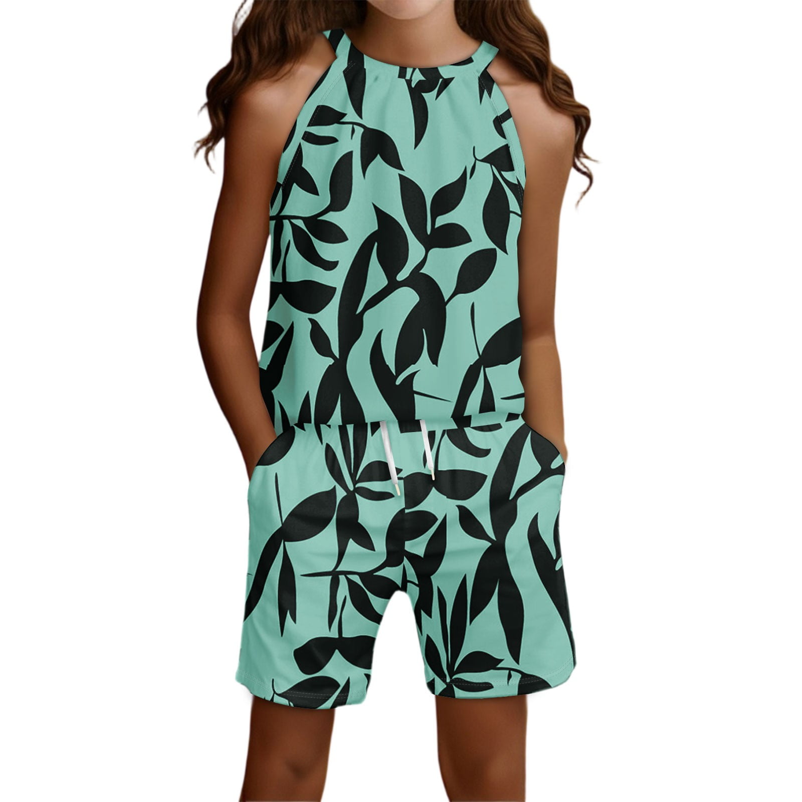 Children's Casual Fashion Two-Piece Set - Round Neck Floral Sleeveless ...
