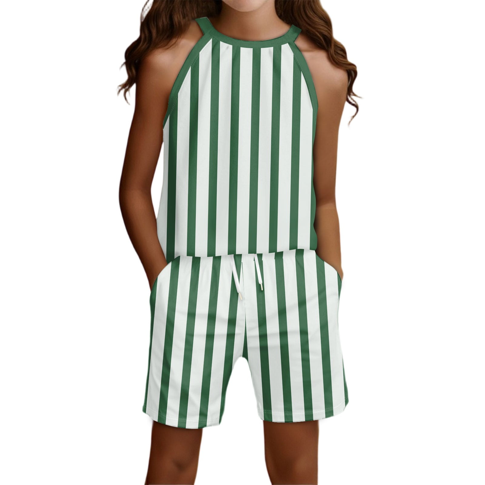 Children's Casual Fashion Two-Piece Set - Round Neck Striped Sleeveless ...