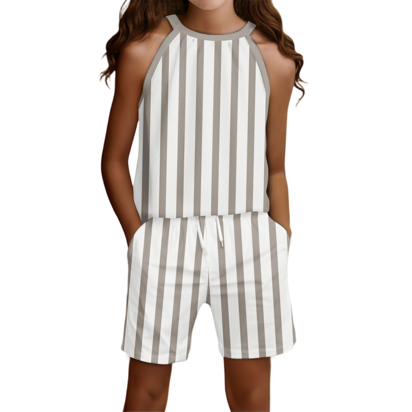 Children's Casual Fashion Two-Piece Set - Round Neck Striped Sleeveless ...
