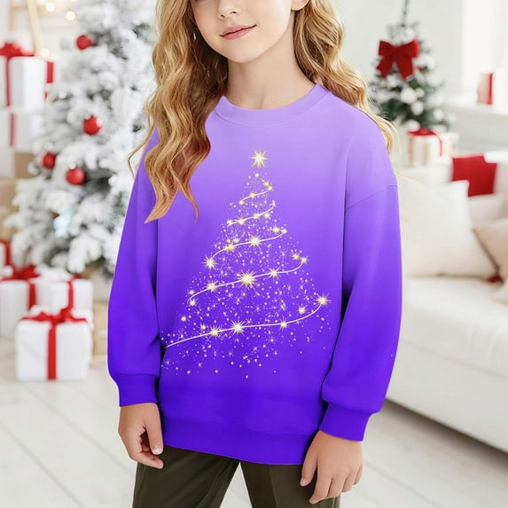 Children's Christmas Print Pullover, Long Sleeve Round Neck Casual ...