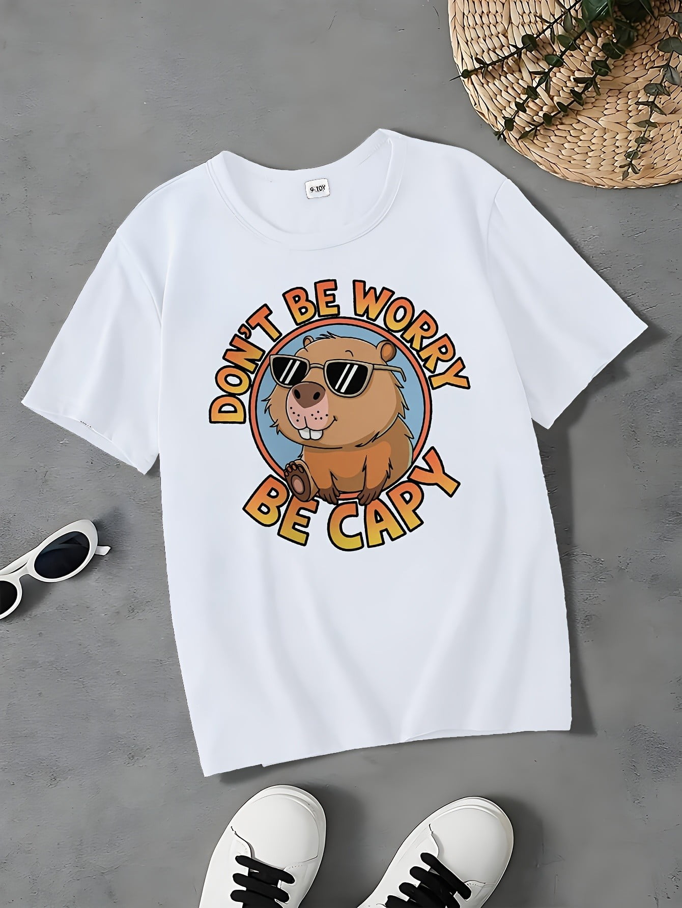 Children's Cotton T-shirt with Cute Capybara Design, Round Neck, Casual and Fashionable for ...