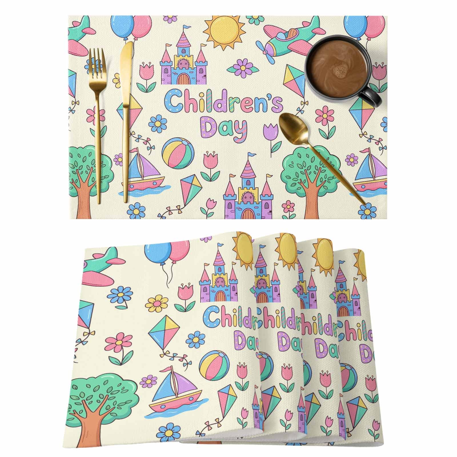 Children's Day Placemats Set of 4, Cartoon Sun Airplanes Castles Kites ...