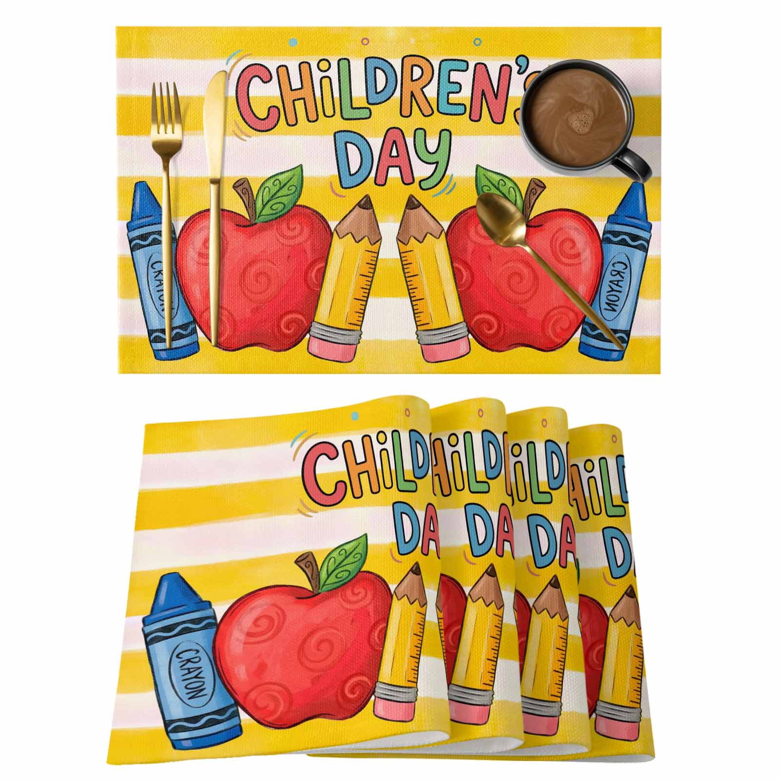 Children's Day Placemats Set of 8 Cartoon Pencil Watercolor Yellow ...