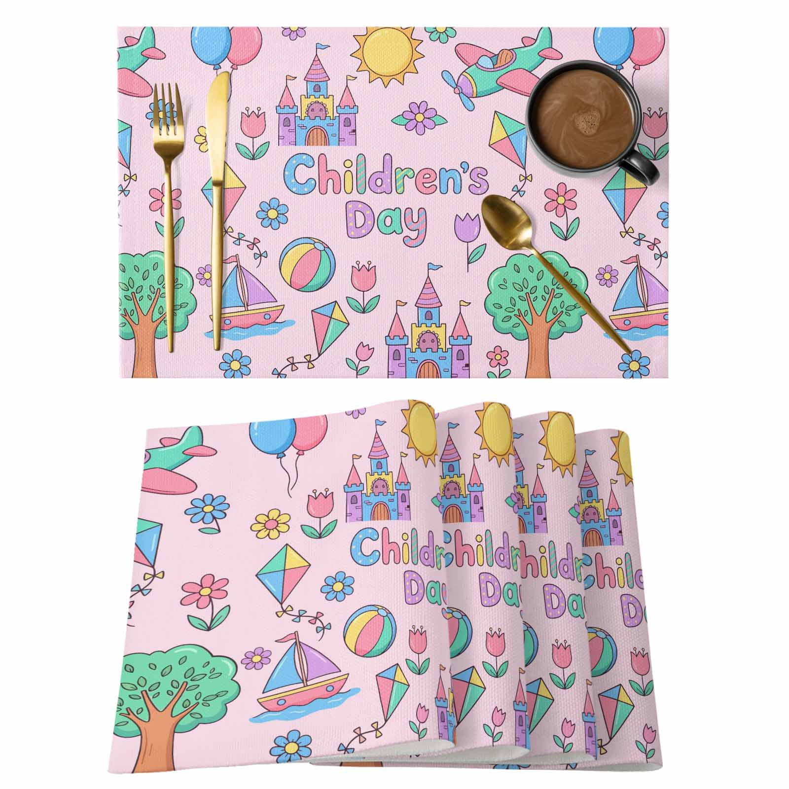 Children's Day Placemats Set of 8, Cartoon Sun Airplanes Castles Kites ...