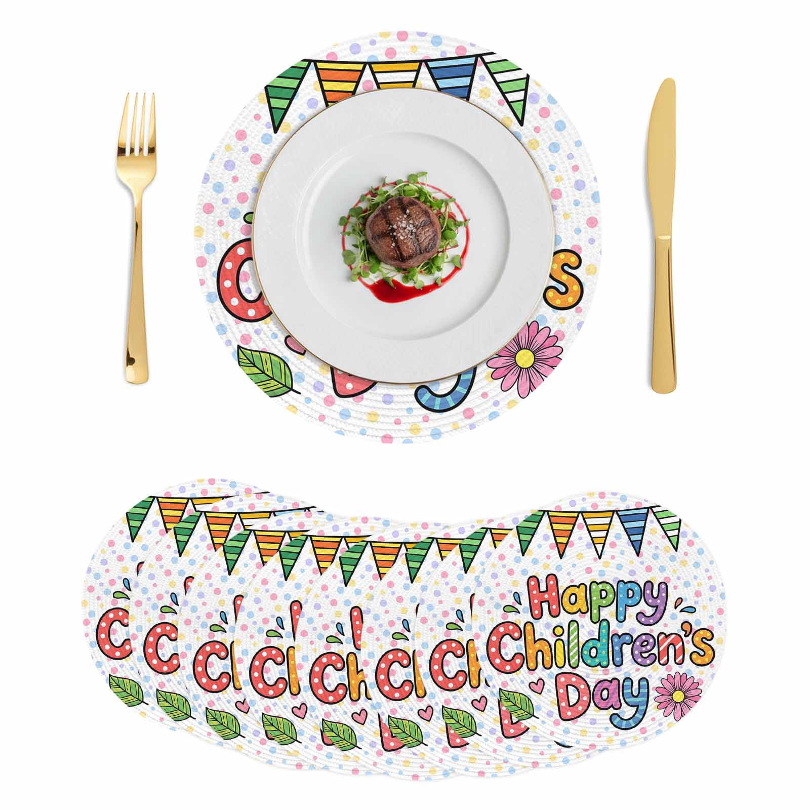 Children's Day Round 13 Inch Placemats Set of 8, Cartoon Colorful Polka ...