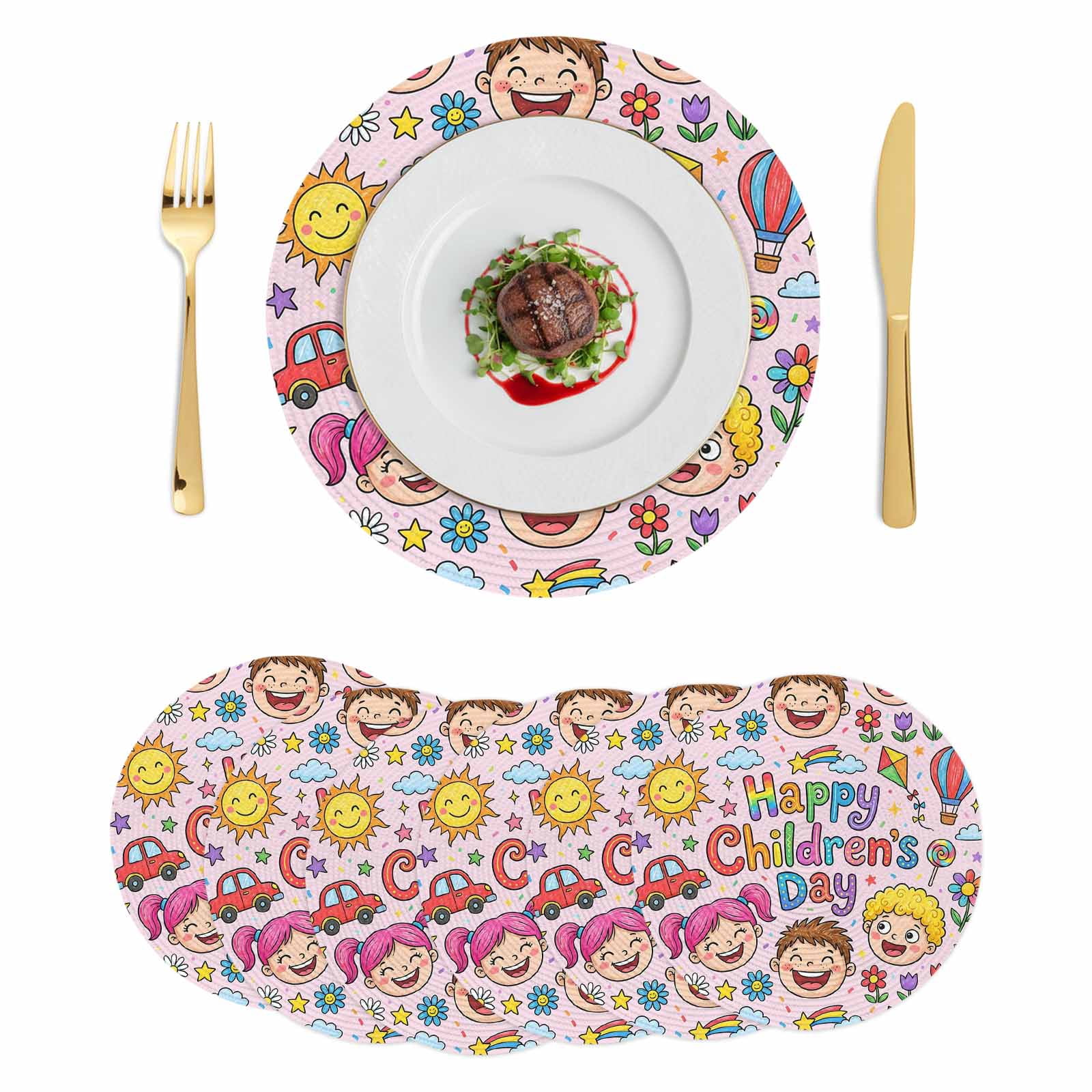Children's Day Round 15 Inch Placemats Set of 6, Cartoon Cute ...