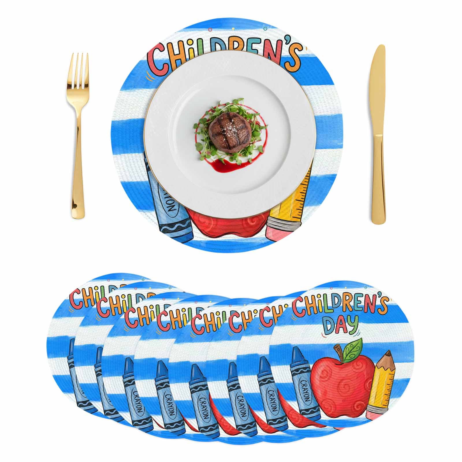 Children's Day Round 15 Inch Placemats Set of 8, Cartoon Pencil ...