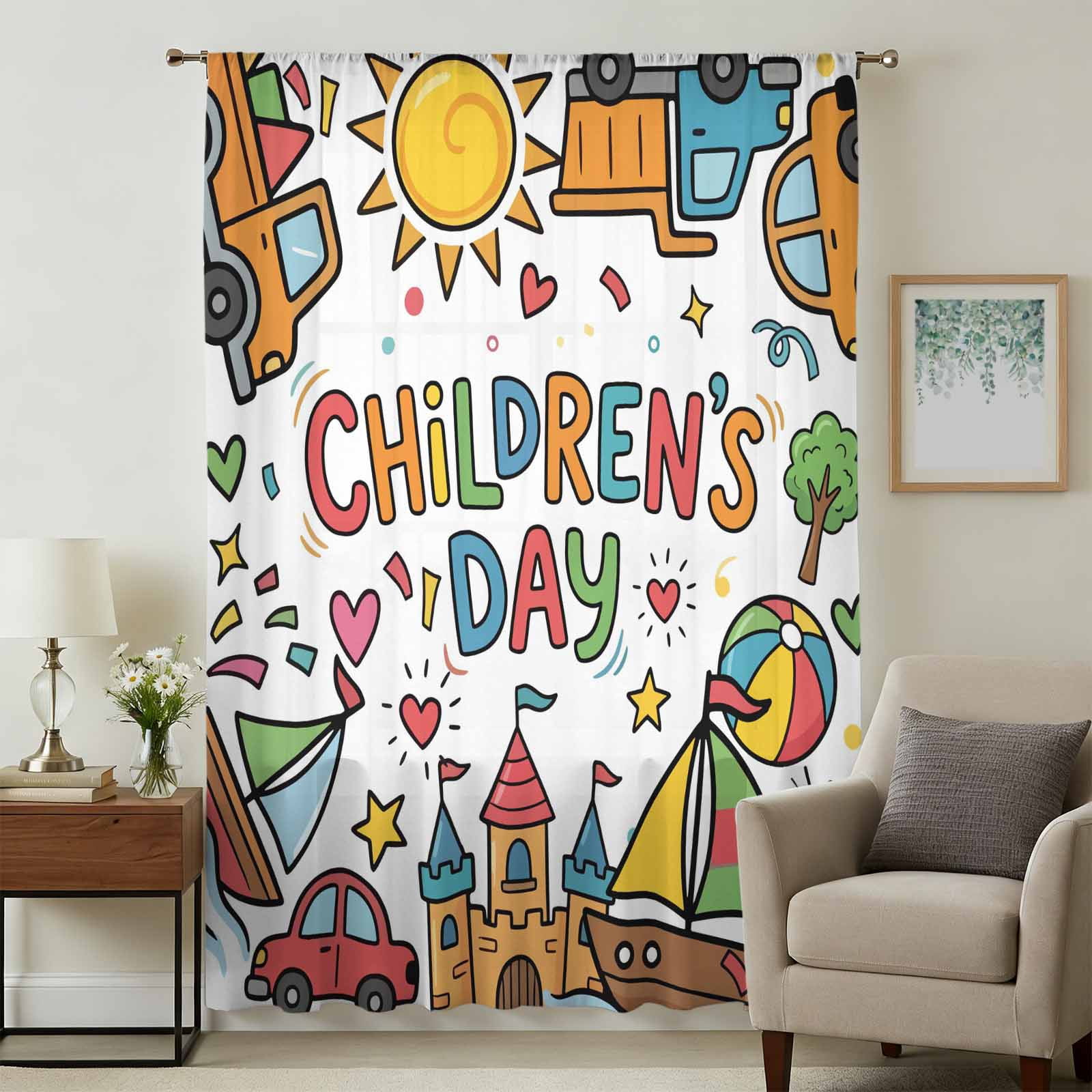 Children's Day Sheer Curtains 72 Inches Long for Living Room, Car Tree ...