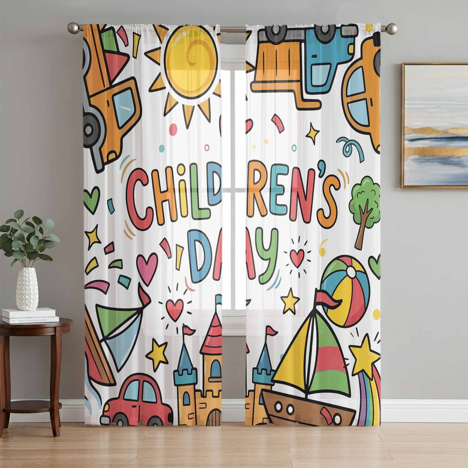 Children's Day Sheer Curtains for Living Room Bedroom Car Tree Stars ...