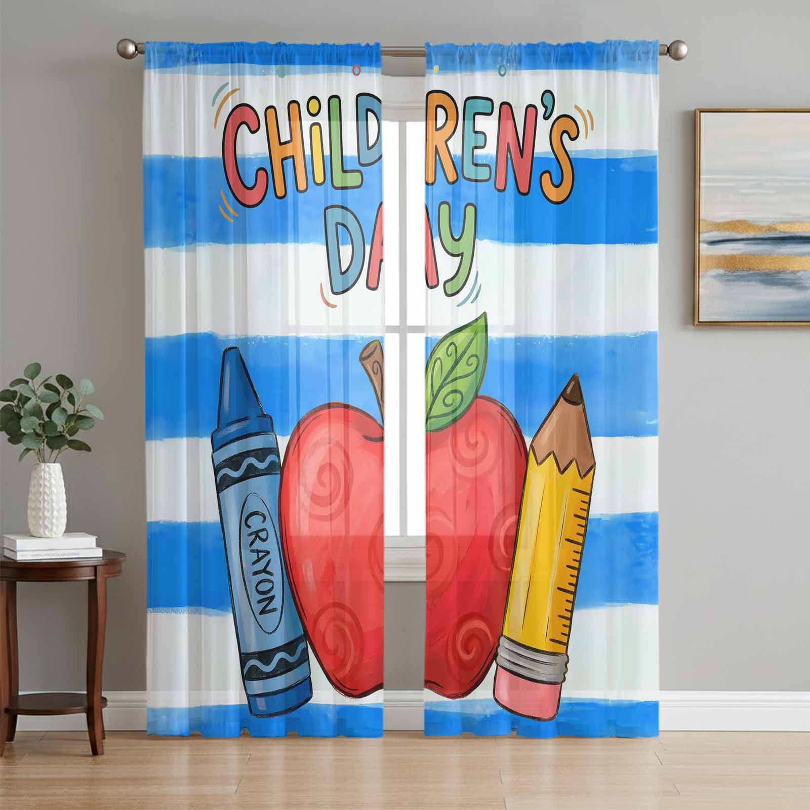 Children's Day Sheer Curtains for Living Room Bedroom Cartoon Pencil ...