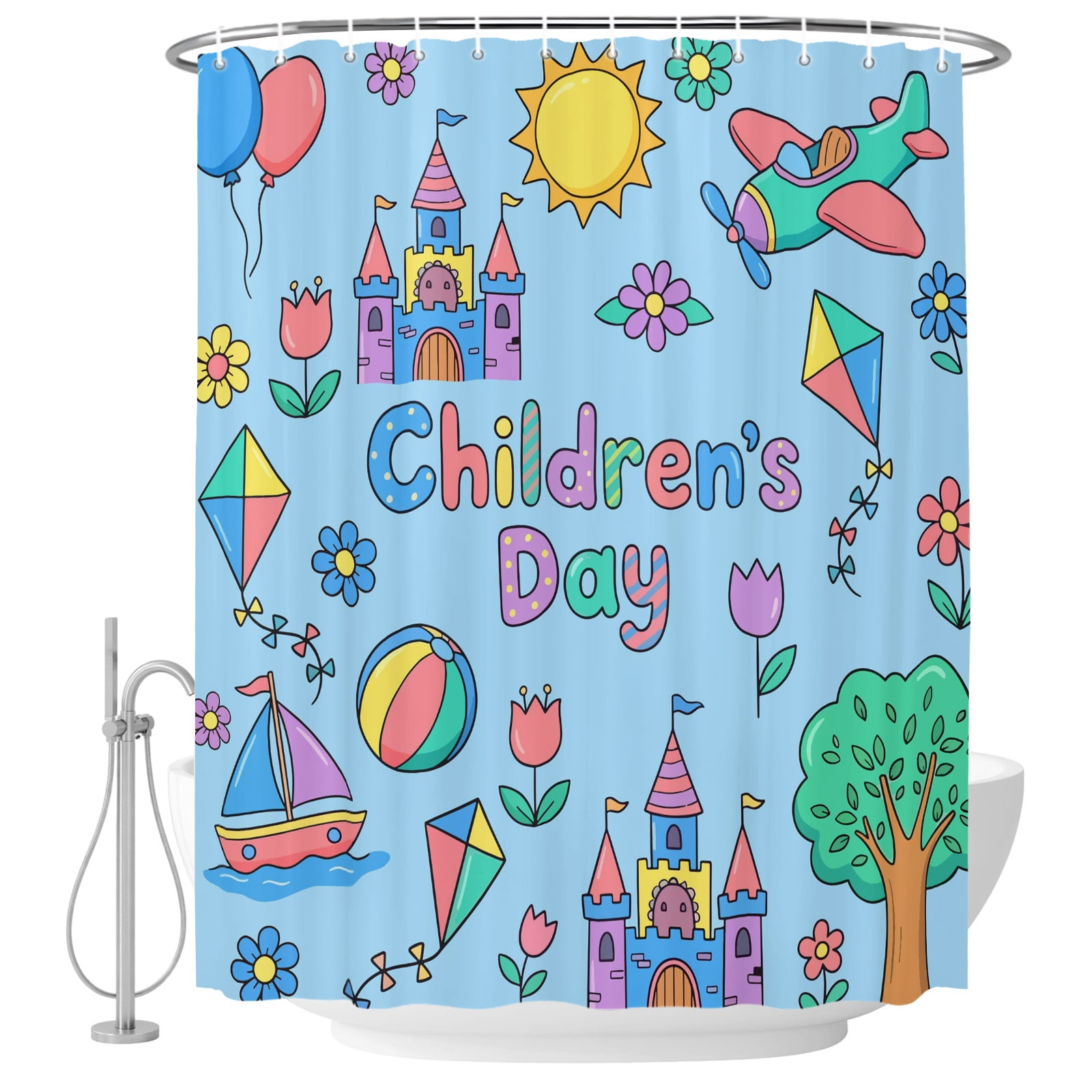 Children's Day Shower Curtain for Bathroom, Cartoon Sun Airplanes ...