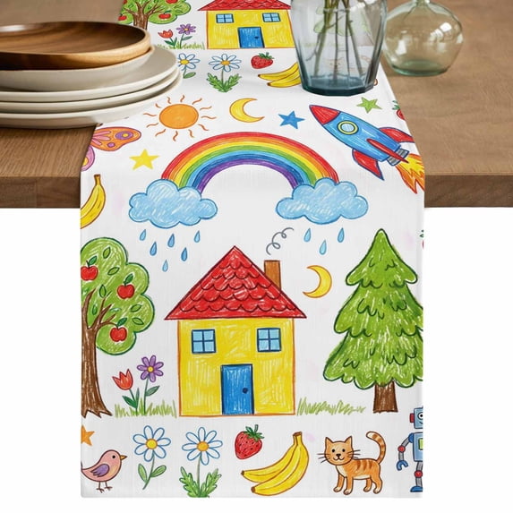 Children's Day Table Runner 72 Inches, Cartoon Painting Rainbow Rocket ...