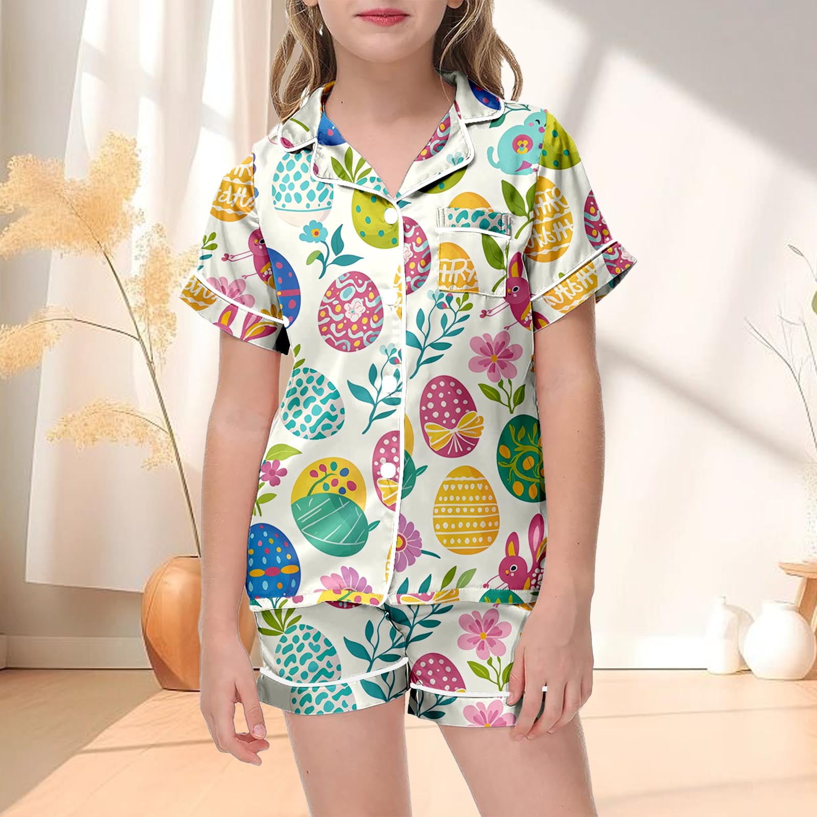 Children's Fashion Easter Print Button Down Collar Short Sleeved Top ...