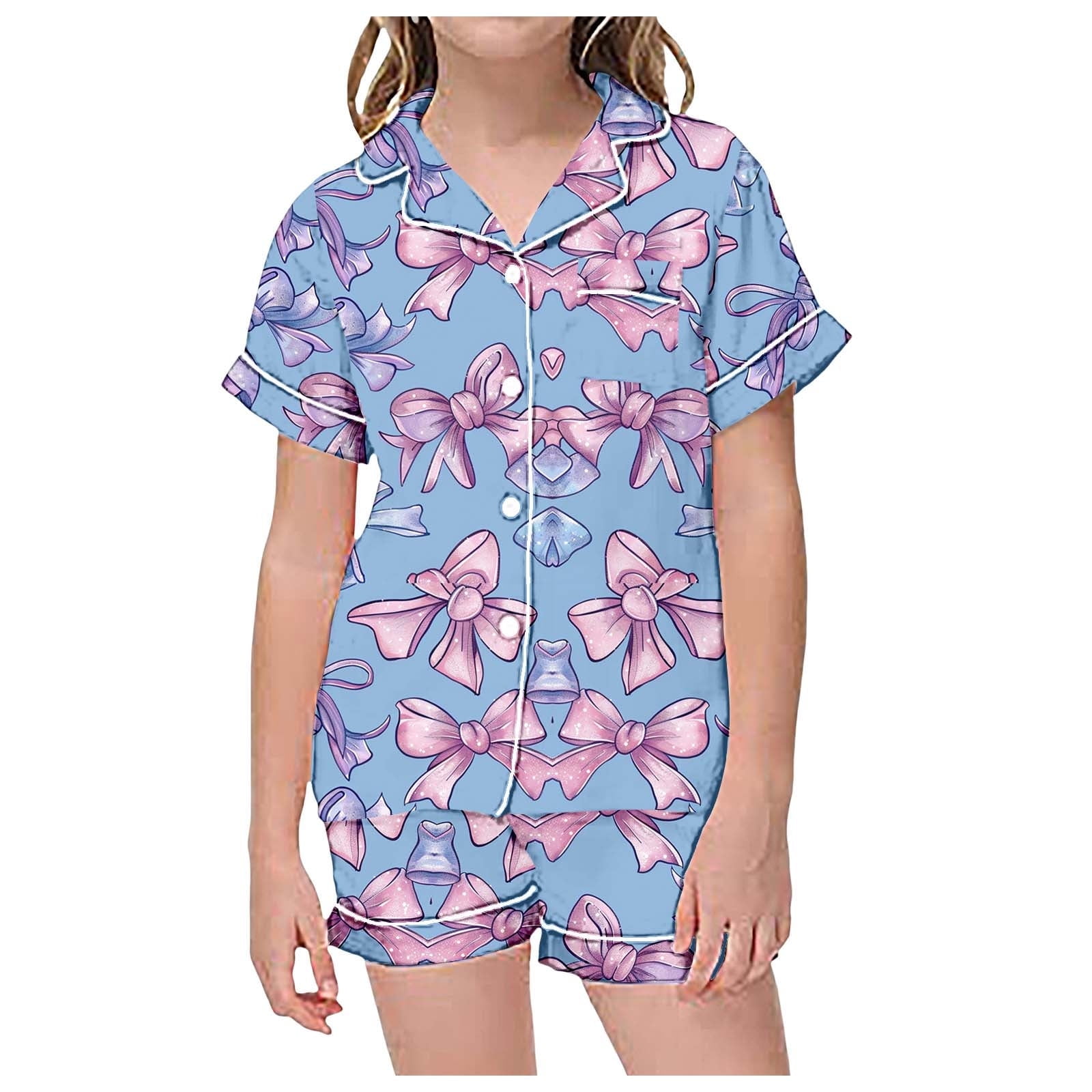 Children's Girls Bow Printed Short Sleeve Shorts Two Piece Pajama Set ...