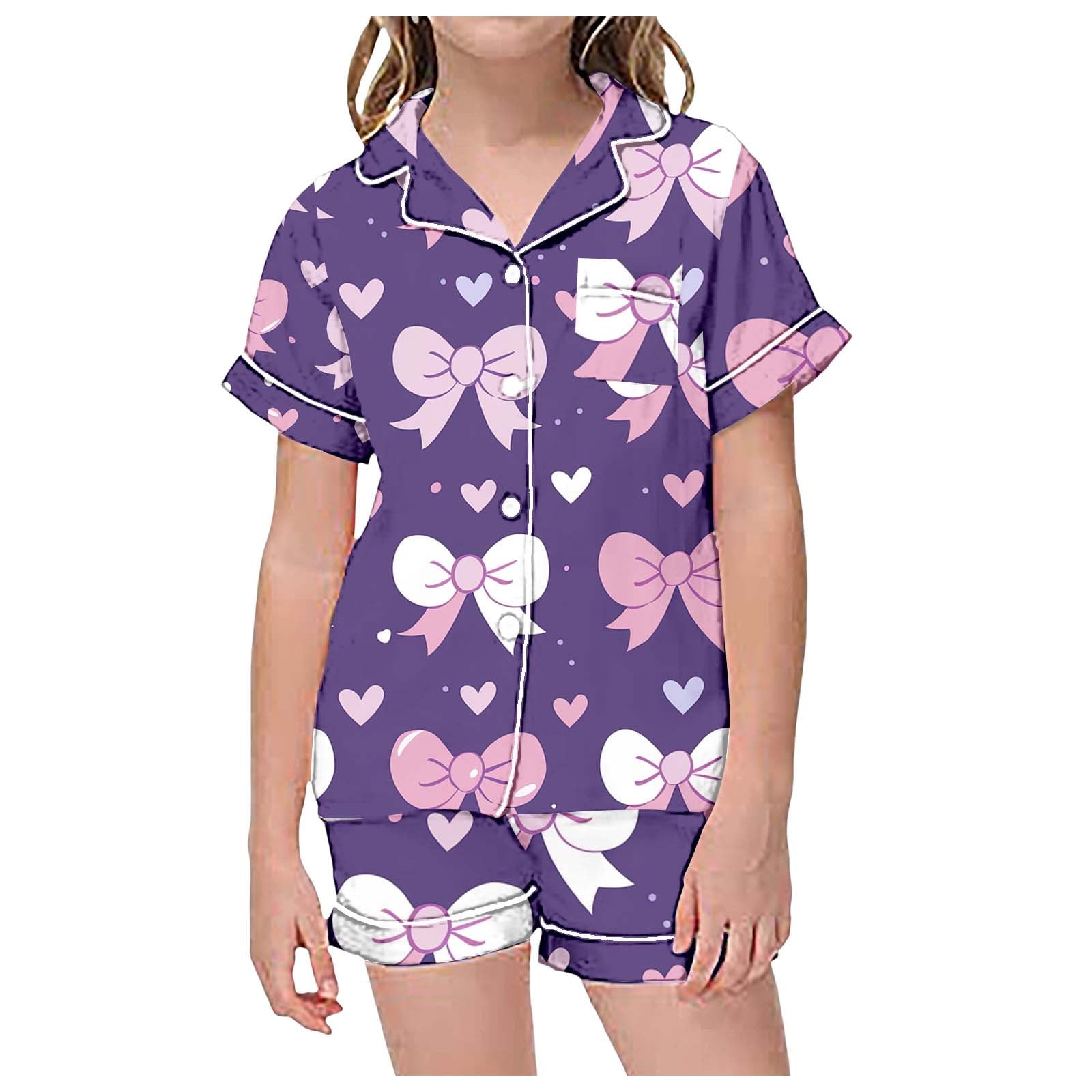 Children's Girls Bow Printed Short Sleeve Shorts Two Piece Pajama Set ...
