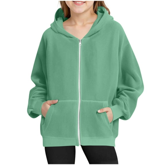 Children's Girls Casual Sweatshirts Full Zip Solid Color Loose Long Sleeved Sports Hoodies ...