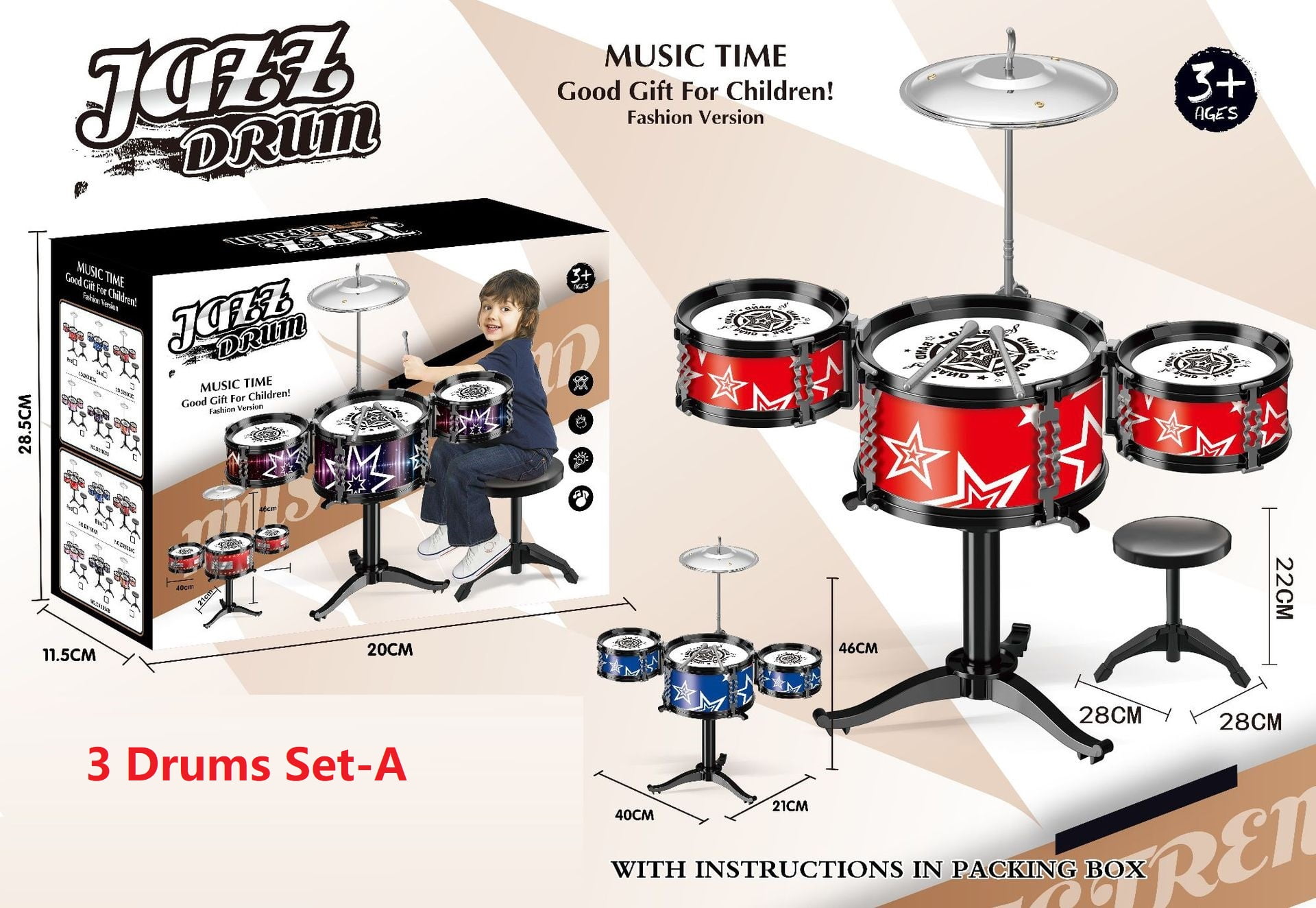 Children's Jazz Drum Set 3 drums/5 small stools Drum Stick Set Children ...