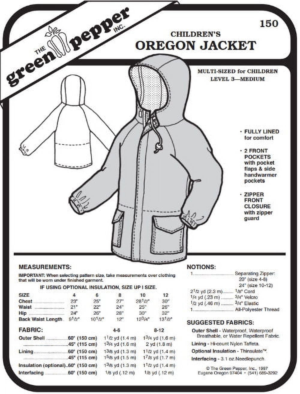 Children's Kids Oregon Jacket Coat #150 Sewing Pattern (Pattern Only ...