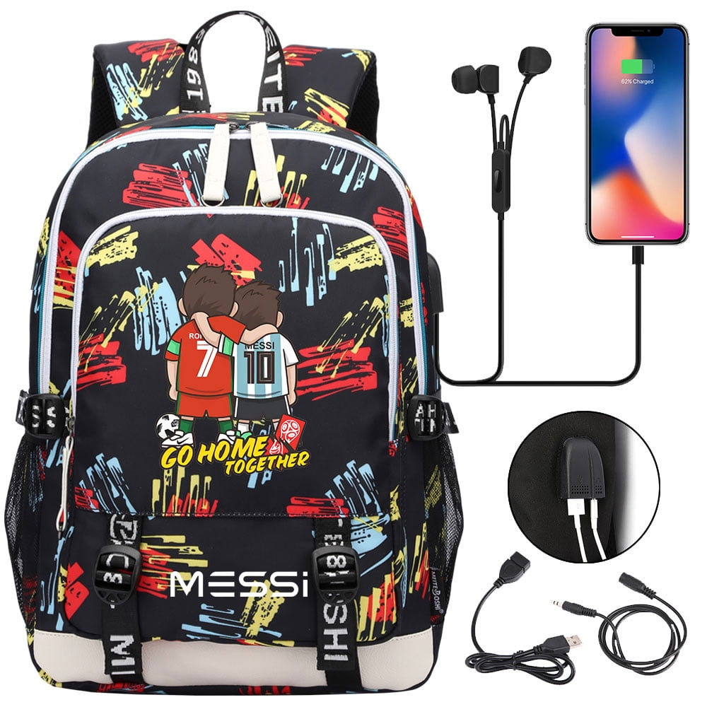 Children's Lionel Messi Cartoon Pattern Backpack - USB Charging Port ...