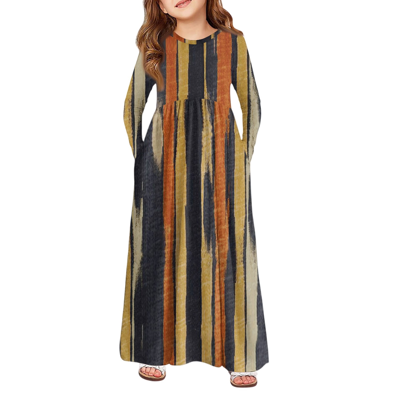 Children's Long Sleeve Maxi Dress with Pockets Trendy Patterned Loose ...